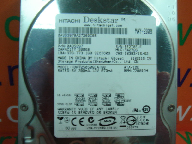 HITACHI HDP725050GLAT80 IDE 500GB Hard Disk Drive - 裕益科技自動化設備可程式編碼器PLC ...