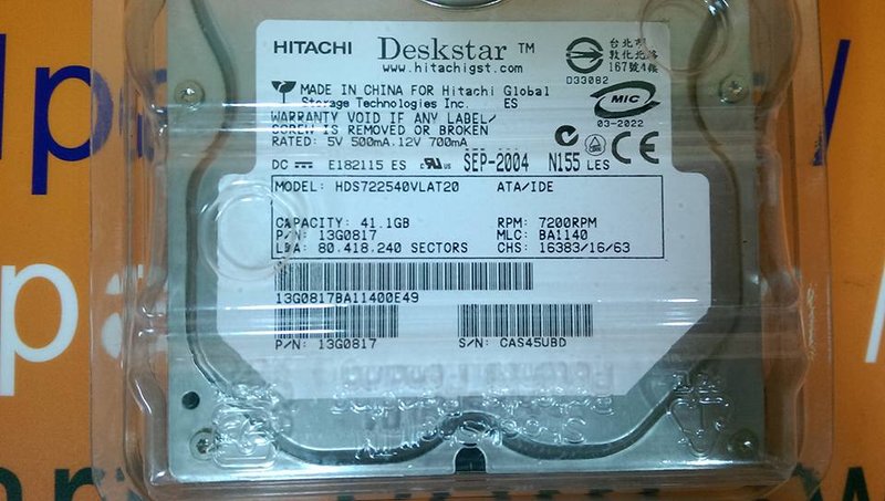 HITACHI DESKSTAR HARD DISK DRIVE 41.1GB HDS722540VLAT20 - PLC DCS SERVO ...