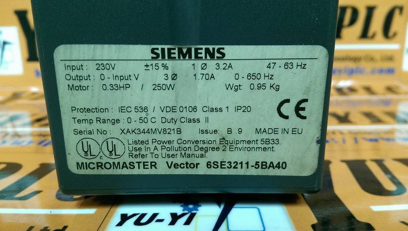 SIEMENS MICROMASTER VECTOR 6SE3211-5BA40 - PLC DCS SERVO Control MOTOR ...