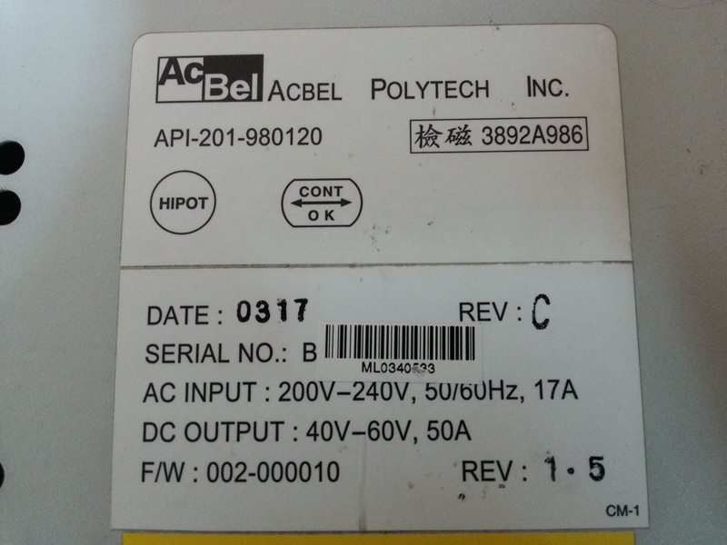 AcBel Polytech API-201-980120 Rectifier Input 220-240V - PLC DCS SERVO ...