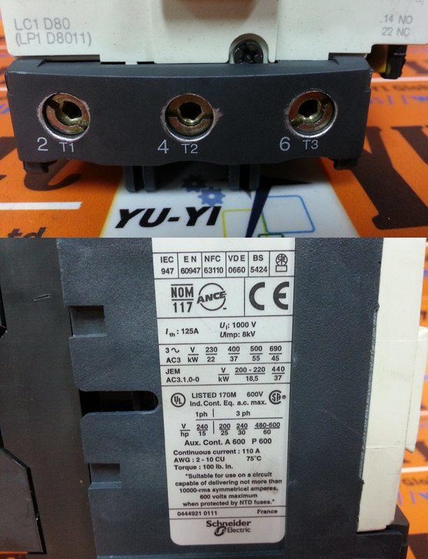 SCHNEIDER LC1 D80 / LP1 D8011 Contactor - 裕益科技自動化設備可程式編碼器PLC分散式控制系統DCS