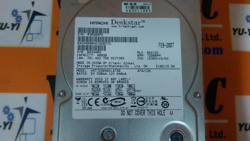Hitachi HDT725040VLAT80 400 GB Hard Drive - PLC DCS SERVO Control MOTOR ...