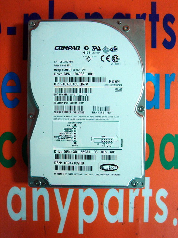COMPAQ Hard Drive BB00911CA0 / 9L6001-031 9.1GB / 7200RPM / 80PIN - 裕益 ...