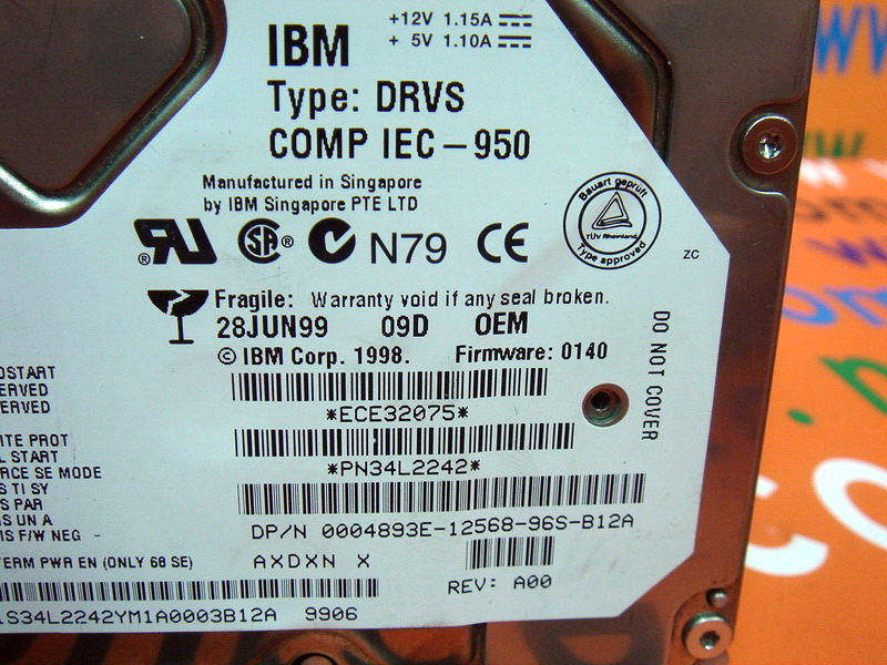 IBM Hard Drive DRVS COMP IEC-950 / 34L2242 9.1GB / 10000RPM / 80PIN ...